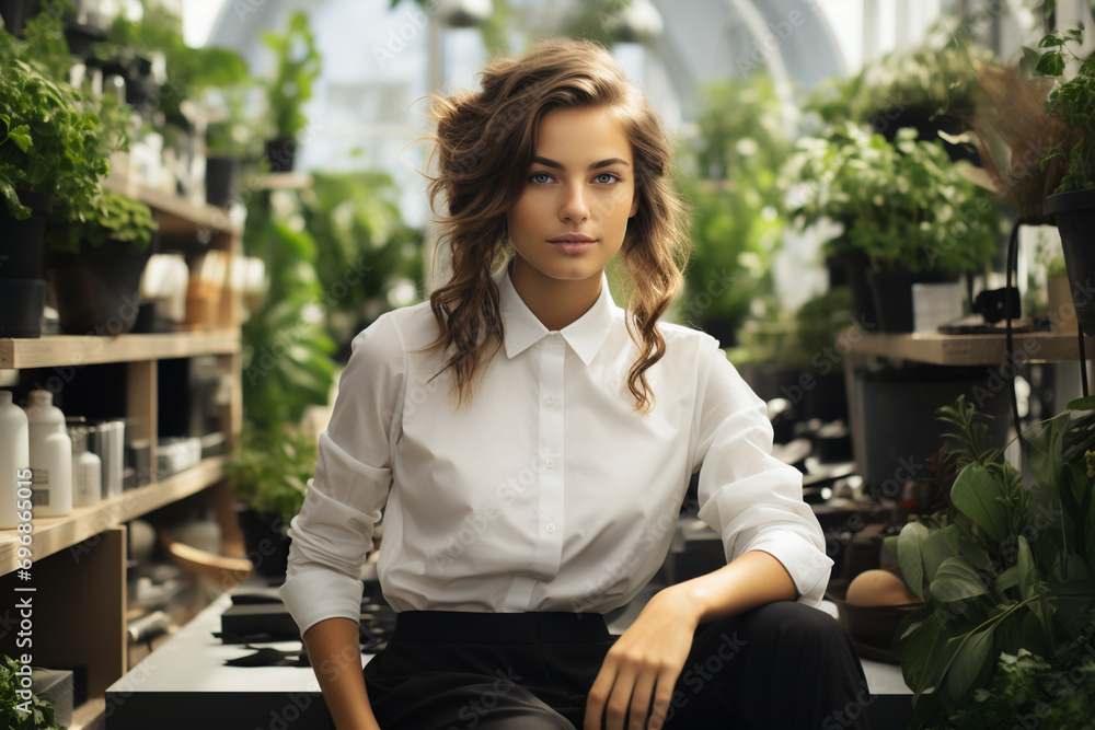 hair stylist in a static pose at their workstation, focusing on their ...