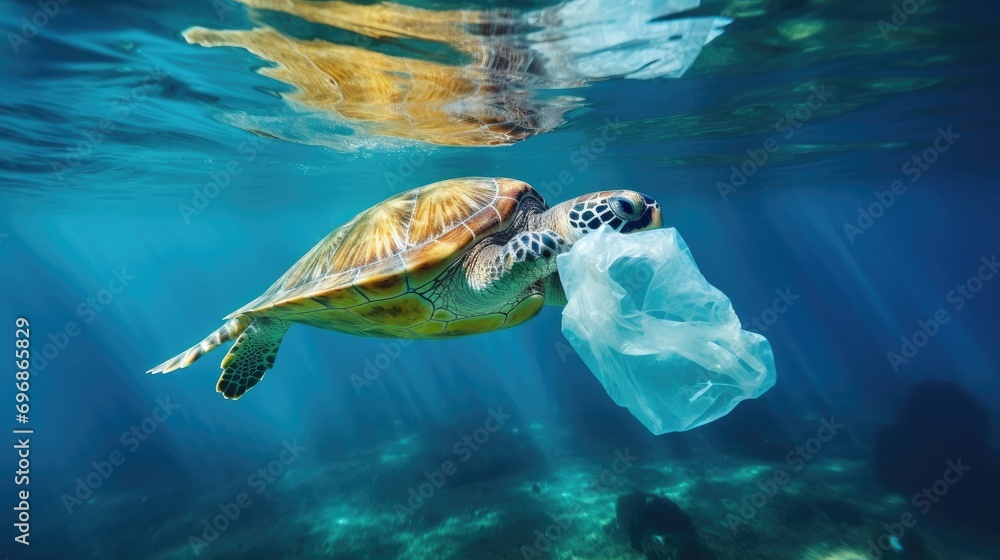 Plastic pollution in ocean problem. Sea Turtle eats plastic bag,A ...