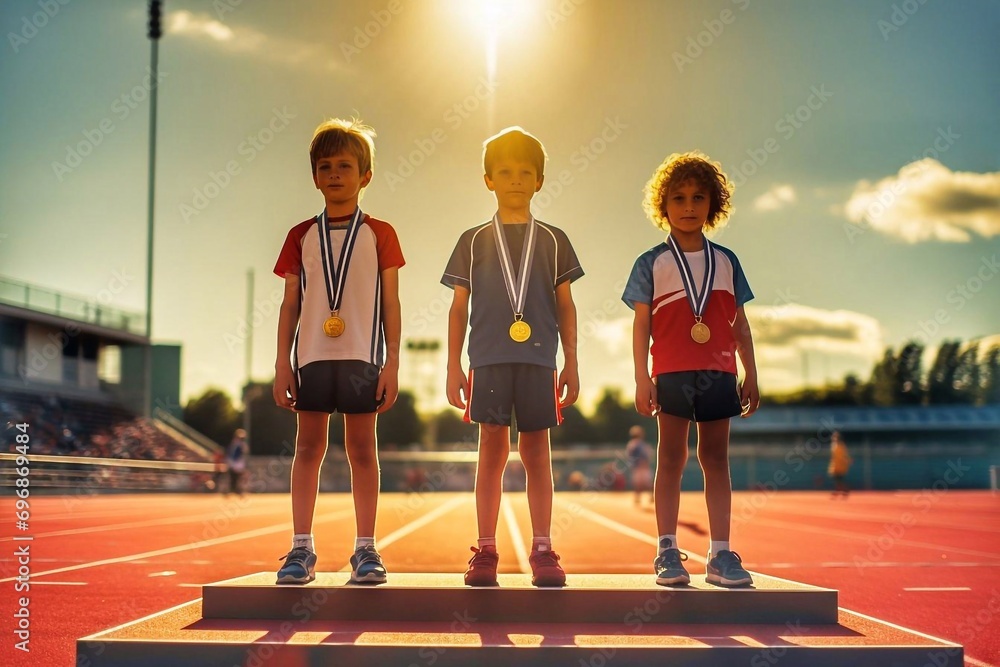 Group of child athletes with medals standing on podium on stadium track ...