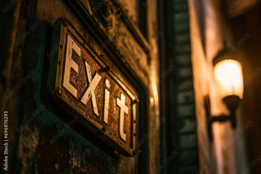 Capture the "Exit" sign in a dimly lit environment, emphasizing the ...