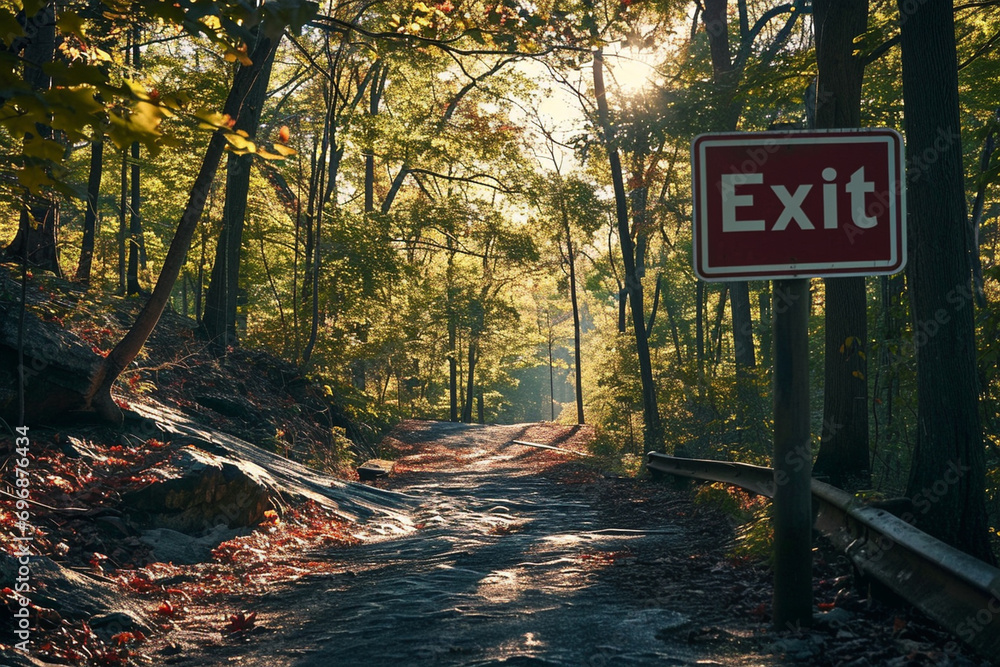 Integrate the "Exit" sign into a natural setting, such as a forest or ...
