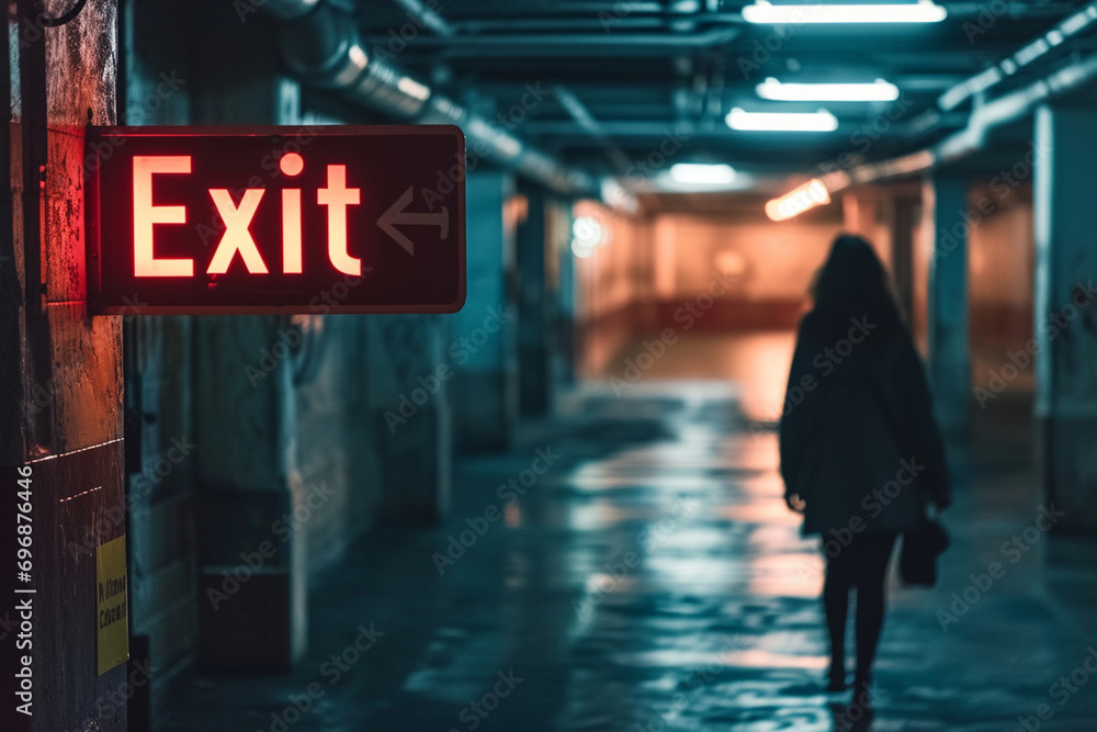 silhouette of a person next to the "Exit" sign, creating a cinematic ...