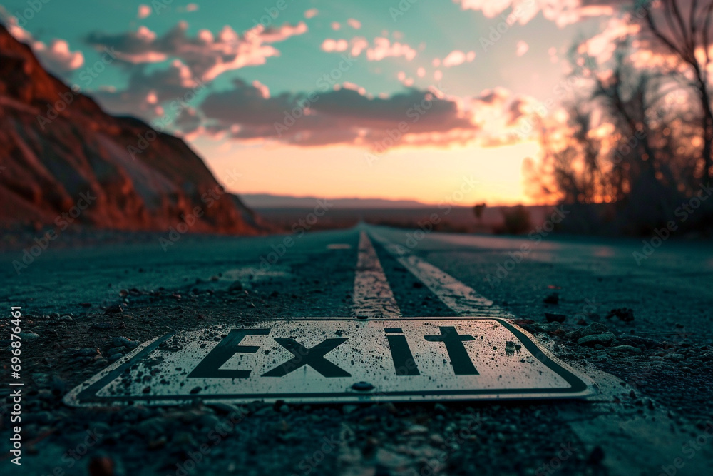 "Exit" sign against a horizon, whether urban or natural, to create a ...