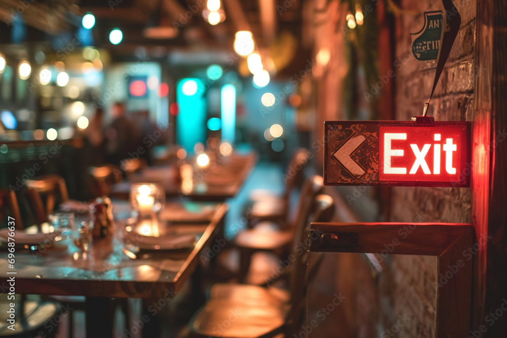 "Exit" sign in a restaurant with a focus on the design and ambiance of ...
