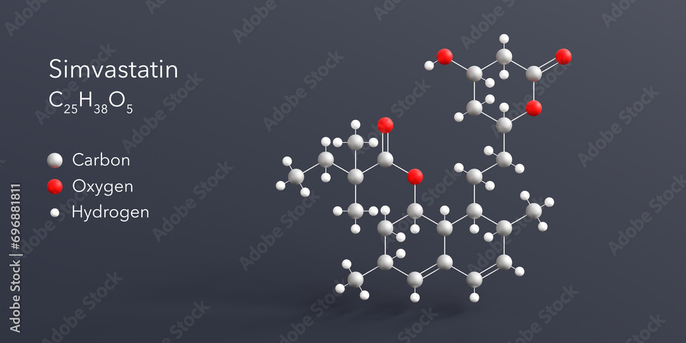 simvastatin molecule 3d rendering, flat molecular structure with ...