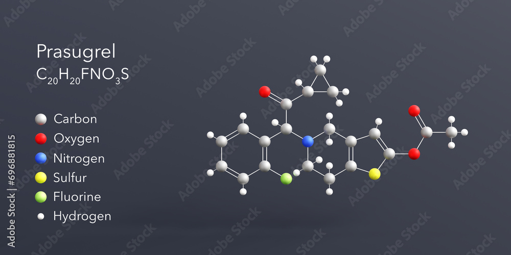 prasugrel molecule 3d rendering, flat molecular structure with chemical ...