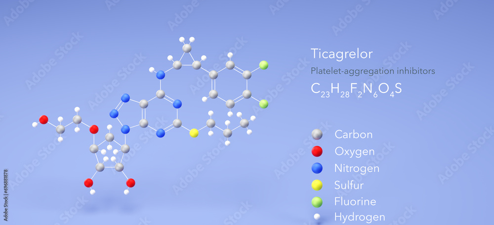 ticagrelor molecule, molecular structures, brilinta, 3d model ...