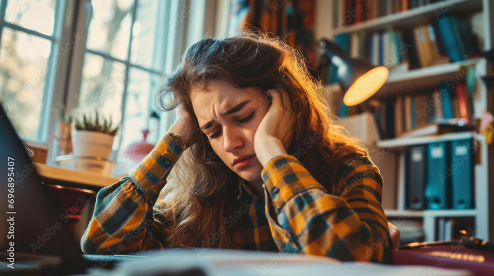 ADHD Struggle - frustrated woman with ADHD struggling to do homework in ...