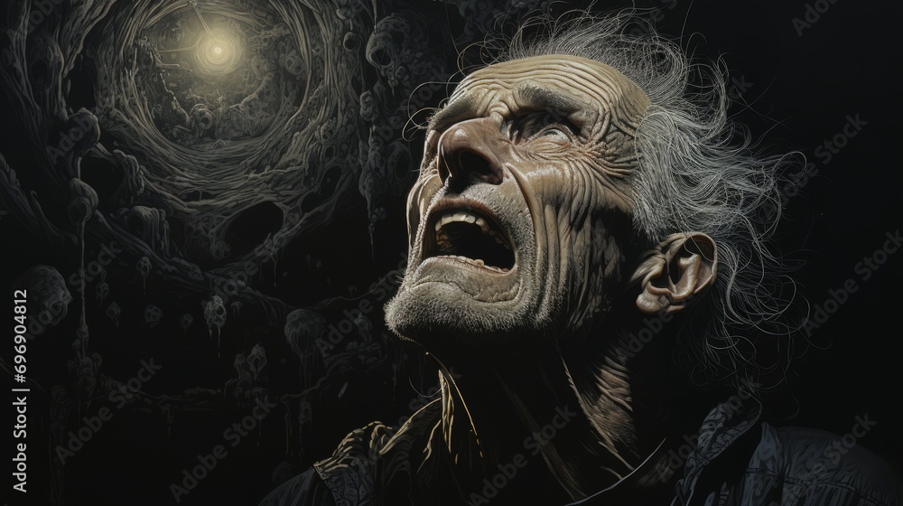 In the midst of darkness, a horror-stricken man gazes up at a blinding ...