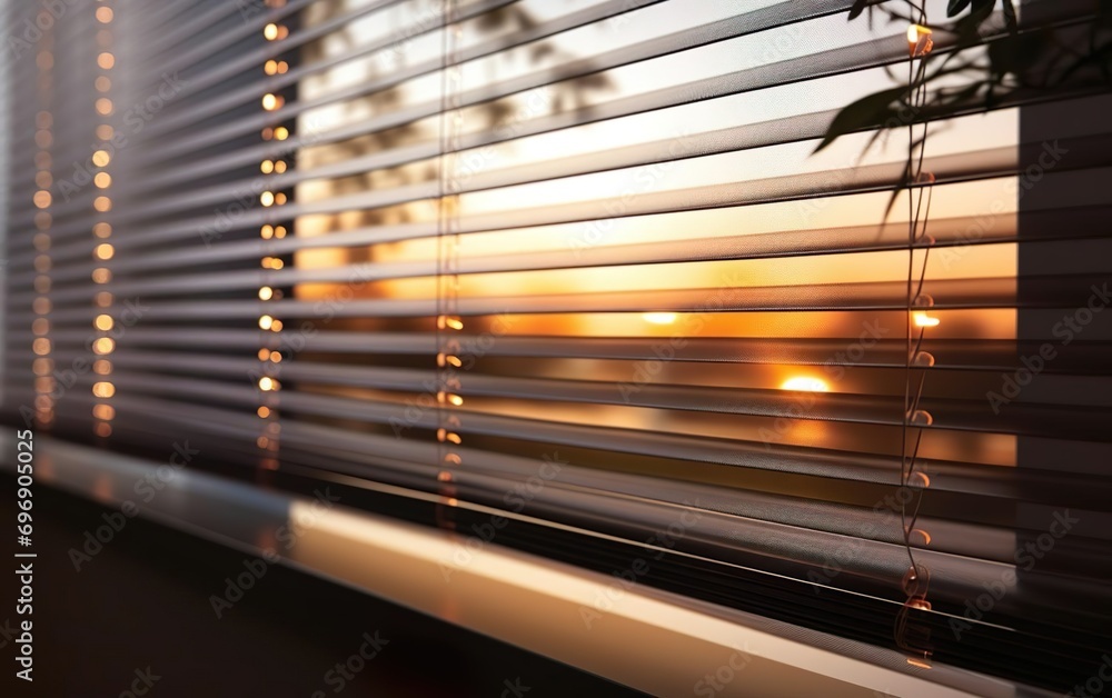Beautiful blurred view background. Close-up of automated blinds, with ...