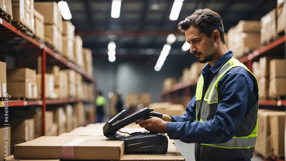 A worker in a uniform and a reflective vest with a scanner checks goods ...