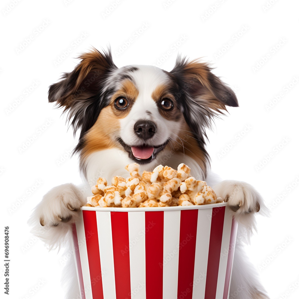 Dog with popcorn all set for TV or cinema, popcorn for pet, Isolated on ...