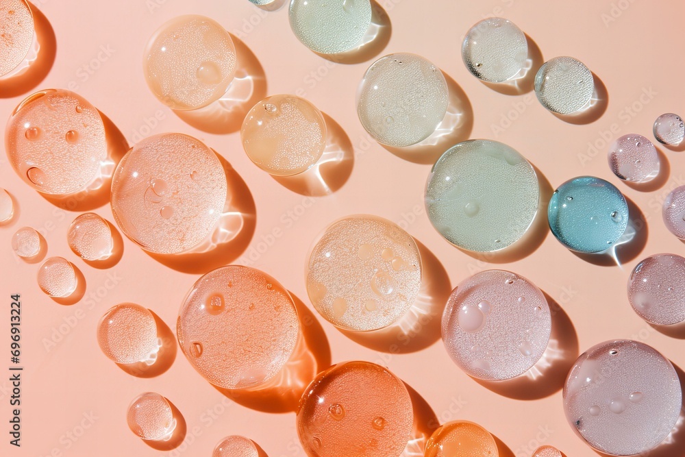 Different texture serum droplets swatches on a peach fuzz background ...