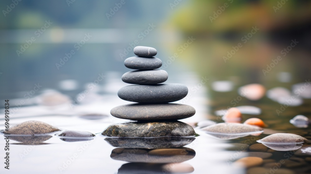 A stack of rocks balanced on top of each other in a body of water, AI ...