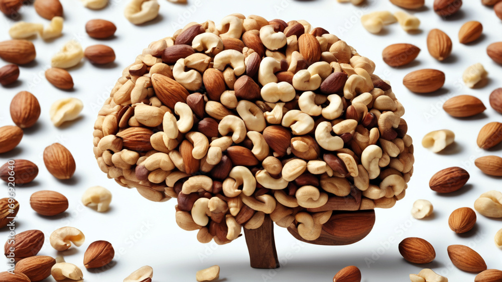 Nuts and seeds arranged in the shape of a human brain on a clear white ...