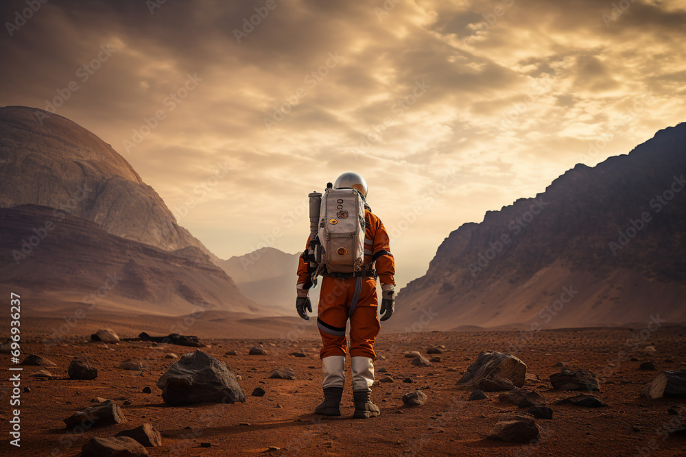 Astronaut wearing space suit walking on a surface of a red planet mars ...