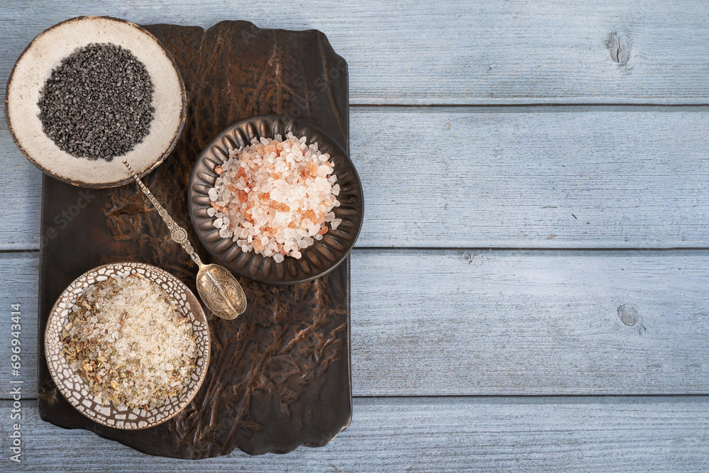 different types of salt. Three different types of salt in handmade ...