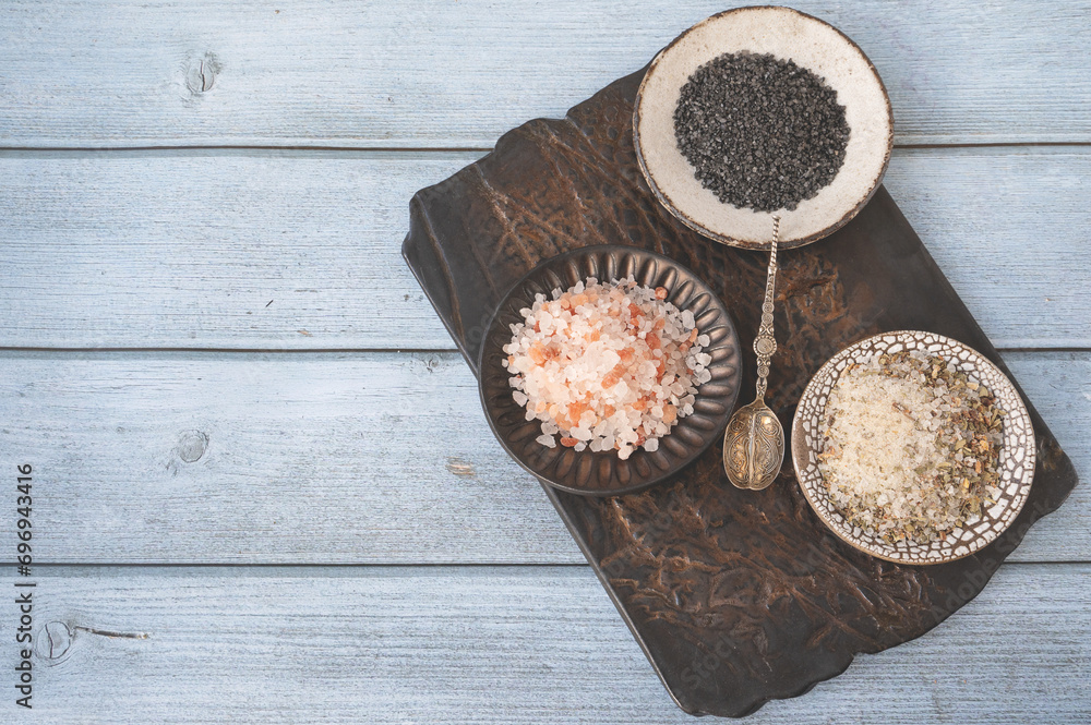 different types of salt. Three different types of salt in handmade ...