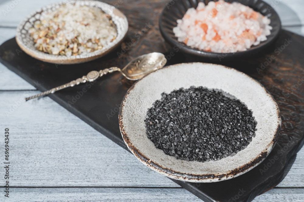 different types of salt. Three different types of salt in handmade ...