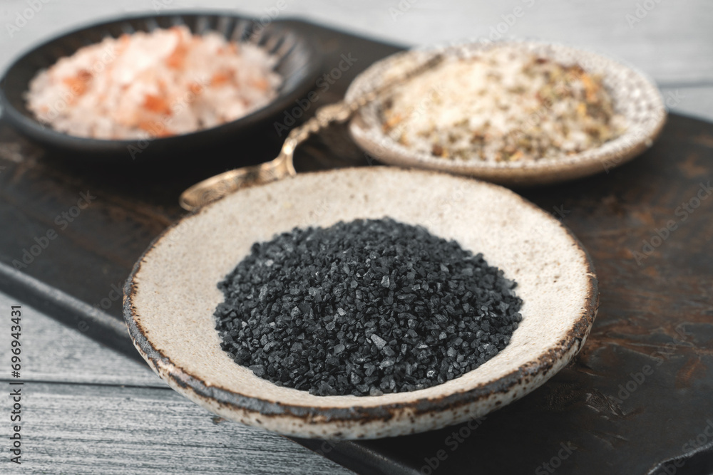 different types of salt. Three different types of salt in handmade ...