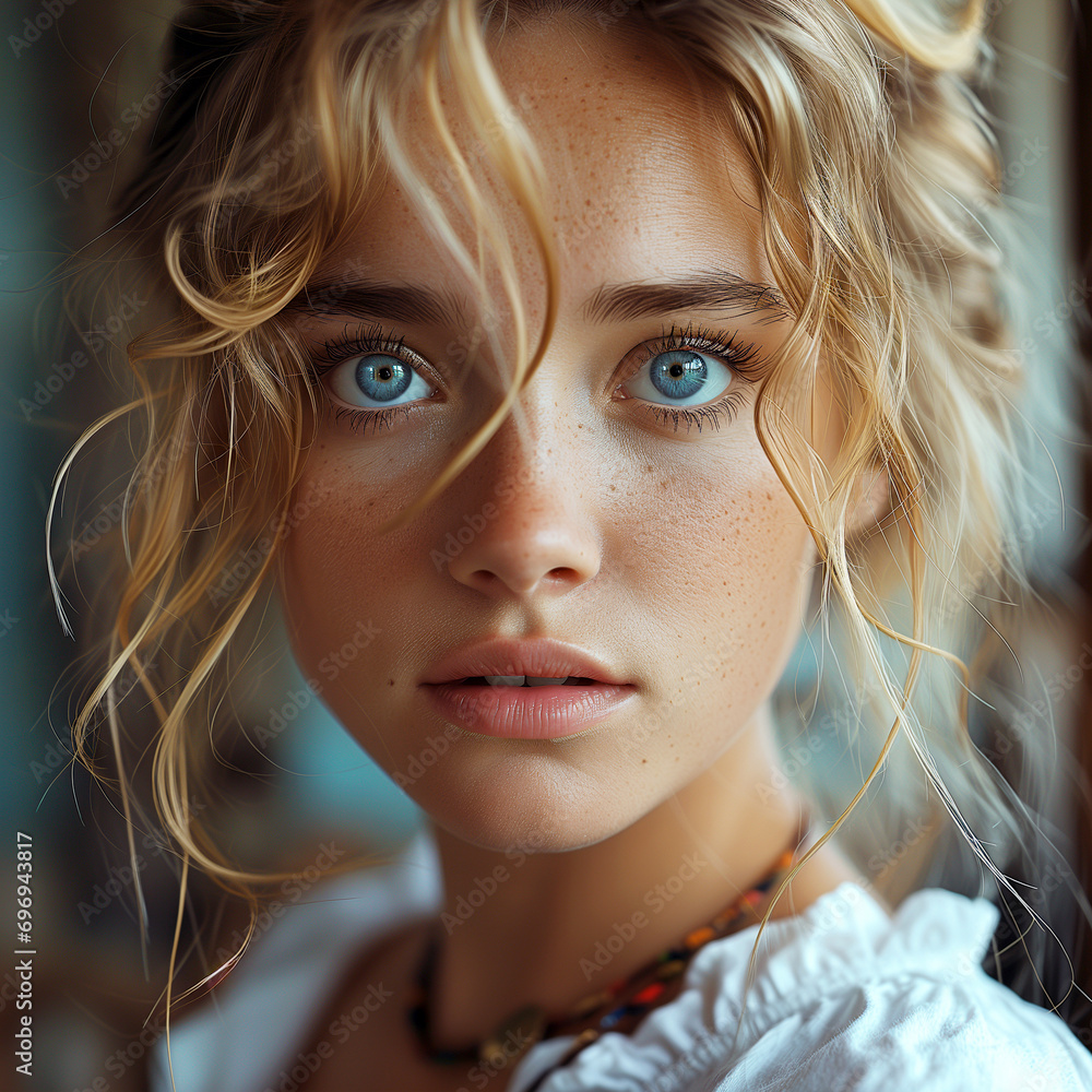 face portrait of a pretty woman with big blue eyes big lips and blond ...