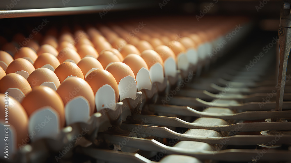 The process of sorting and packing brown eggs into cardboard containers ...