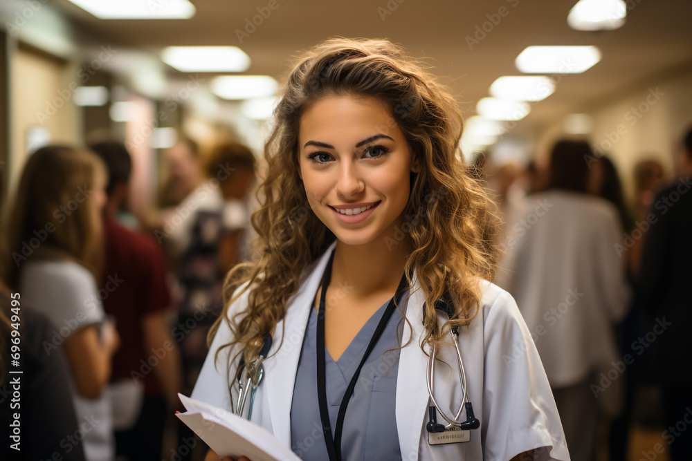 Portrait of friendly person folded hands toothy smile have good mood ...
