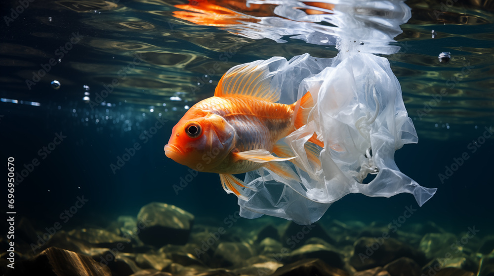fish swimming next to a plastic bag, environmental concept, plastic ...