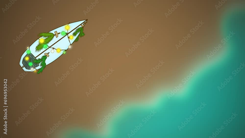 Surfboard Christmas tree lying on sand on ocean shore. Surf style ...