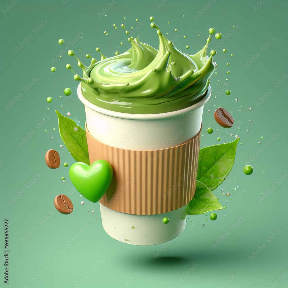 Paper cup of coffee matcha fly with splash, heart, matcha leaves, 3d ...