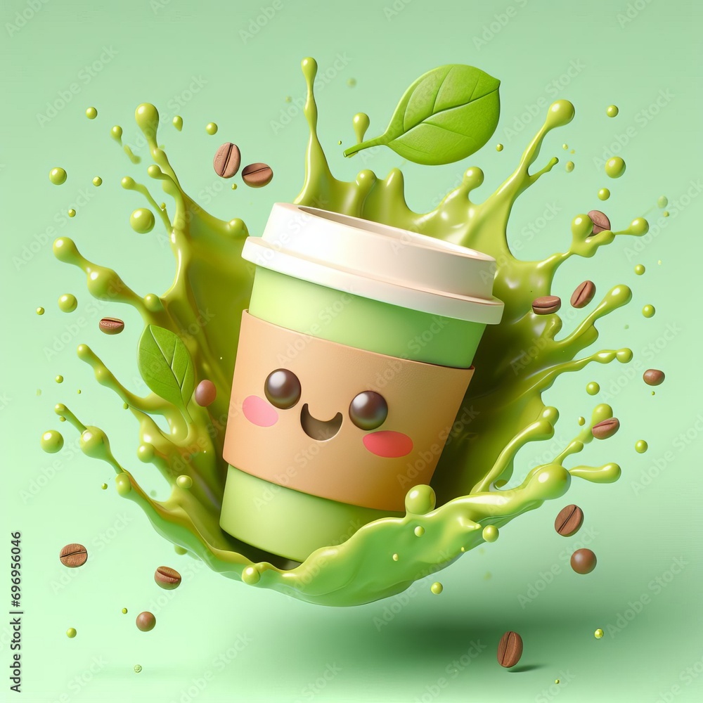 Paper cup of coffee matcha fly with splash, with matcha leaves, 3d ...