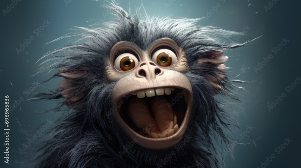 a close up of a monkey's face with its mouth open and it's hair blowing ...