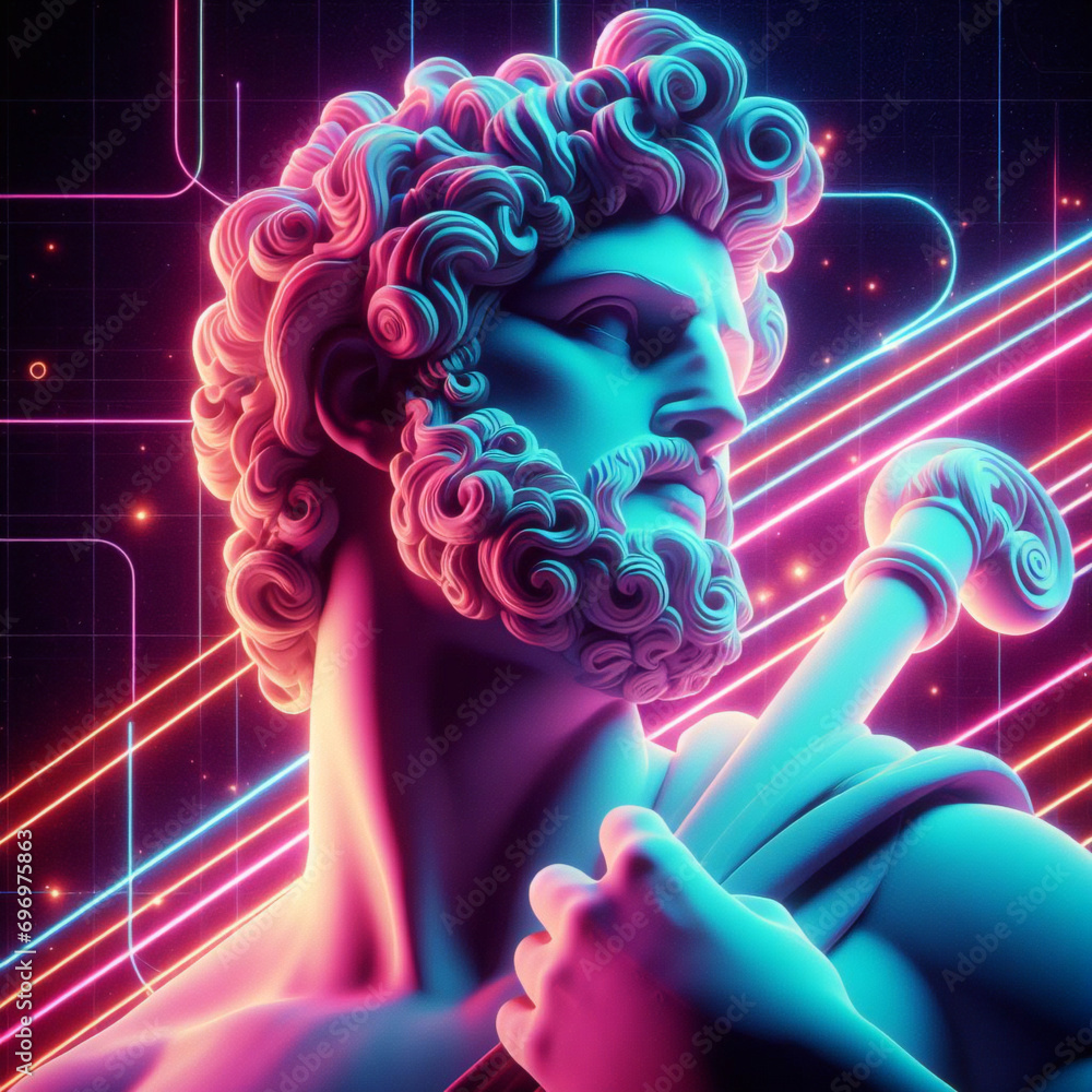 Ancient statue of greek god head. Creative concept colorful neon image ...