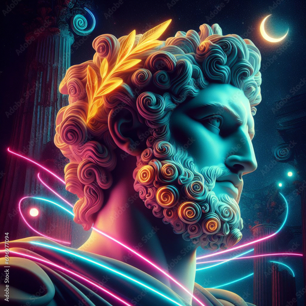 Ancient statue of greek god head. Creative concept colorful neon image ...