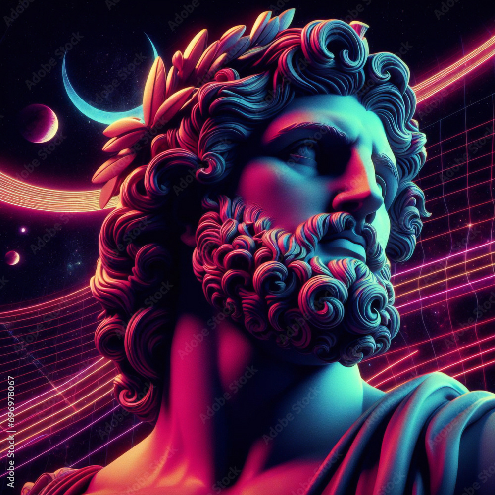 Ancient statue of greek god head. Creative concept colorful neon image ...