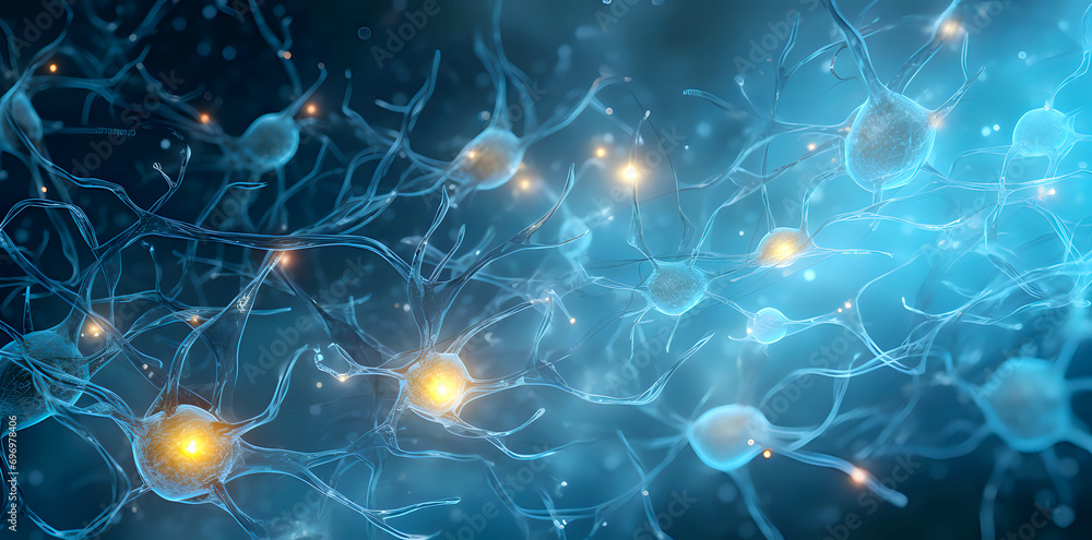 neurons in the brain, showing glowing cell bodies and connecting ...