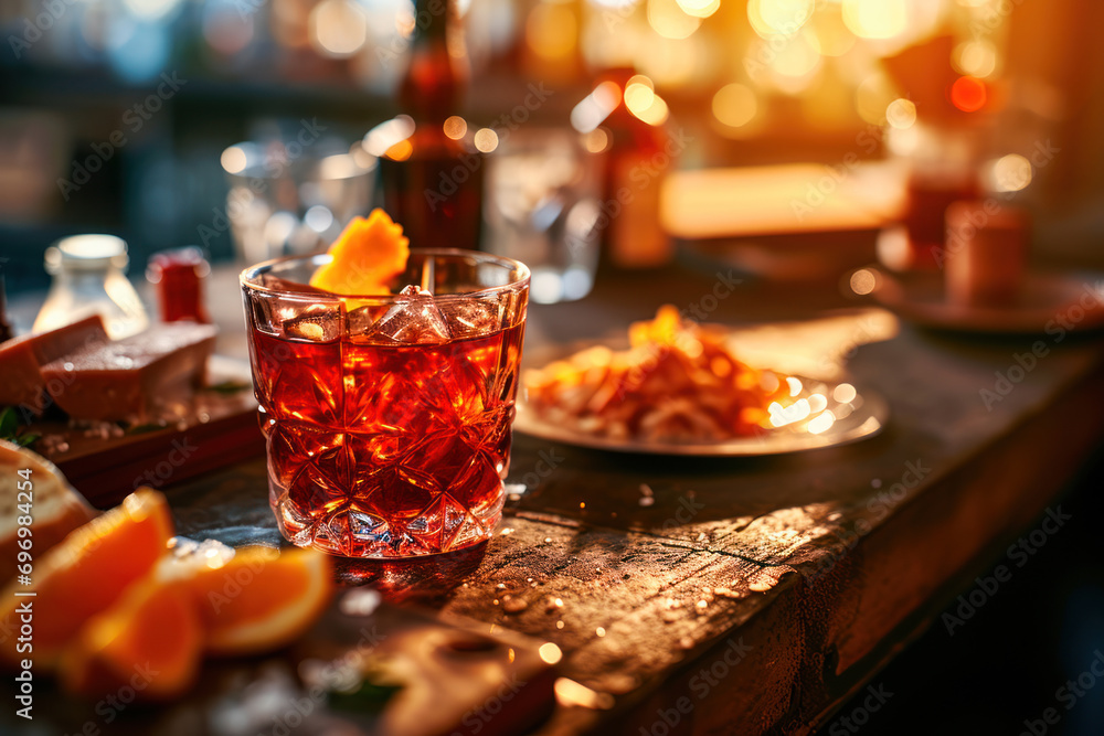 Negroni aperitivo, a stylish scene of a Negroni glass on a bar counter ...