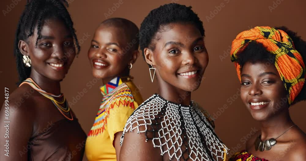 Fashion, beauty and culture with group of black women in studio on ...