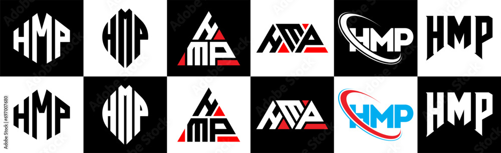 HMP letter logo design in six style. HMP polygon, circle, triangle ...
