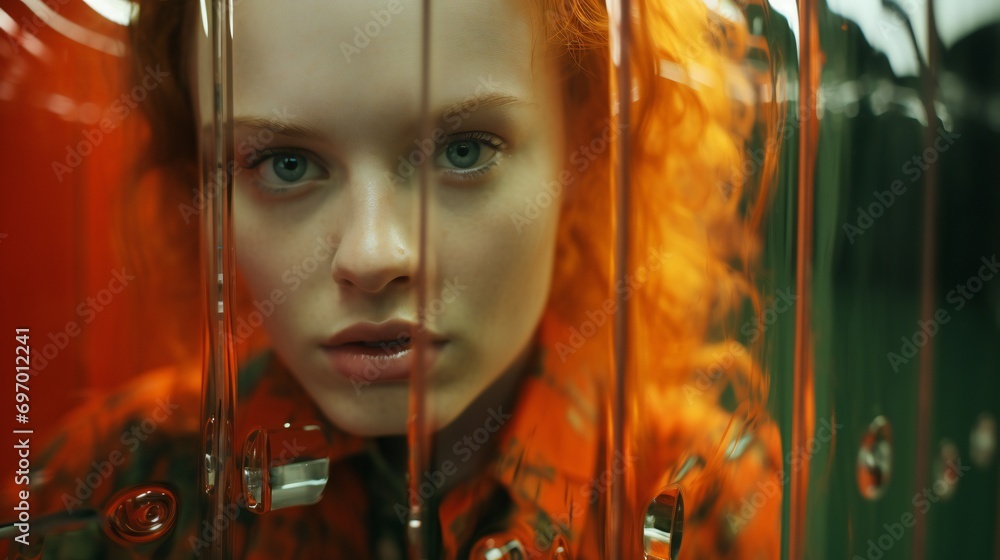 A distorted reflection of a woman in a funhouse mirror, illustrating ...