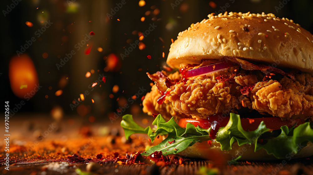 fresh crispy fried chicken burger sandwich with flying ingredients and ...