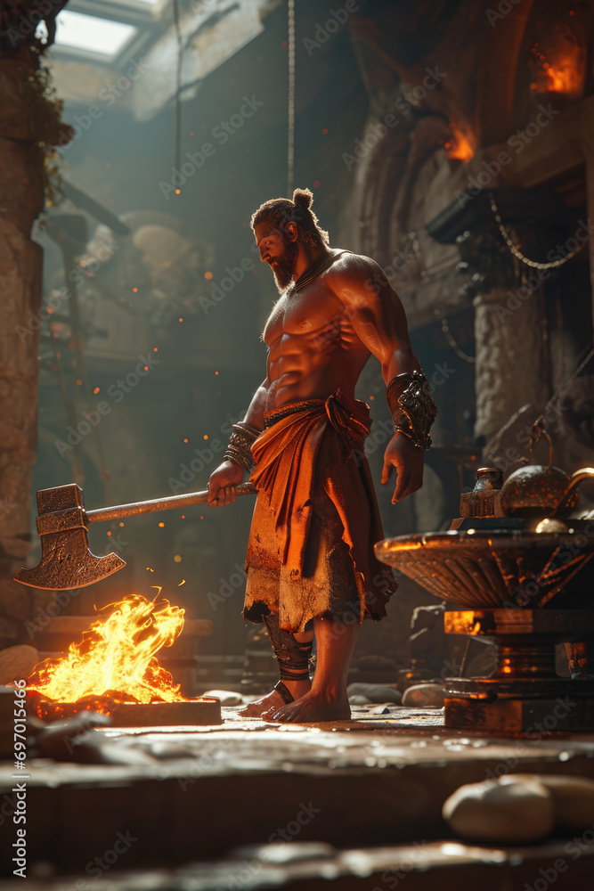 Majestic Hephaestus - Greek god in a full-body shot with a background ...
