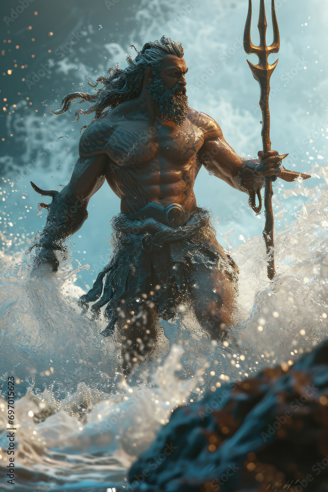 Poseidon - Greek god in a full-body shot with a background reflecting ...