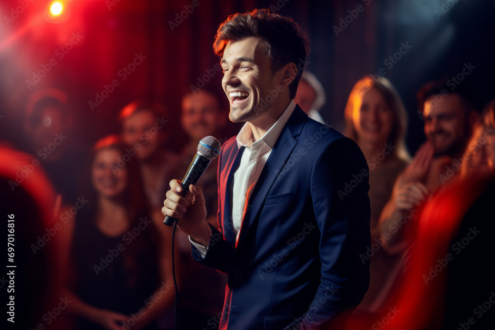 Handsome male stand-up comedian holding a microphone in front on ...