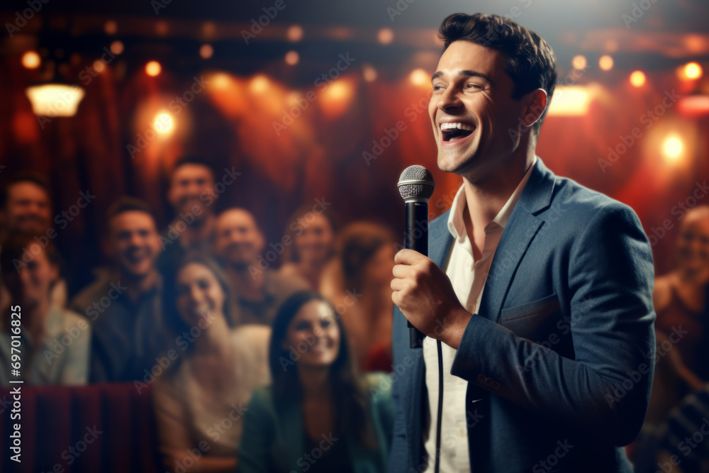 Handsome male stand-up comedian holding a microphone in front on ...