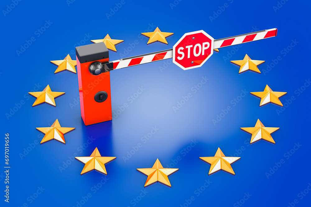 Closed barrier gate with the EU flag. Customs and border protection ...