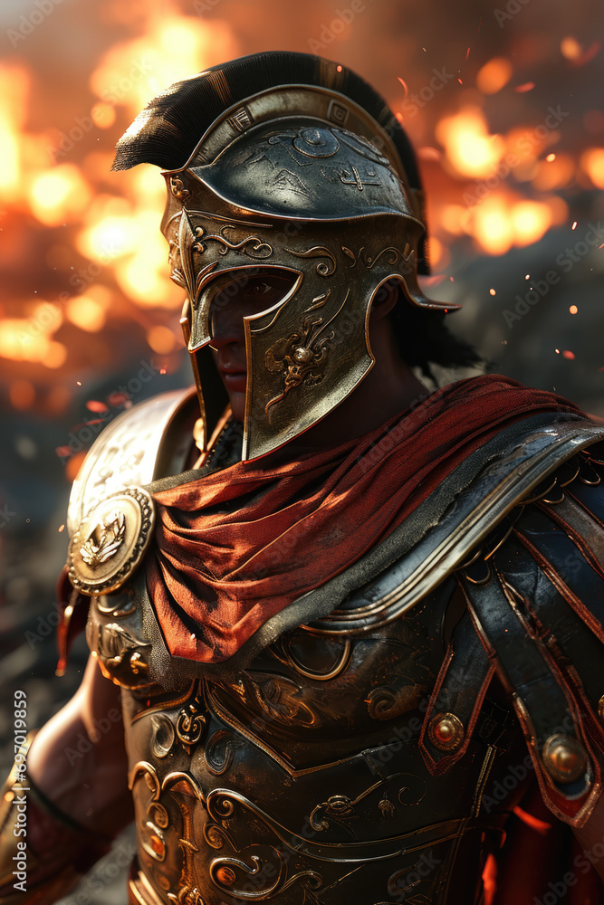 Ares - Greek god in a half-body shot with a background reflecting his ...