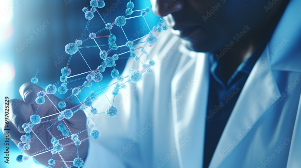 Scientist at work: man editing digital DNA hologram in modern lab ...