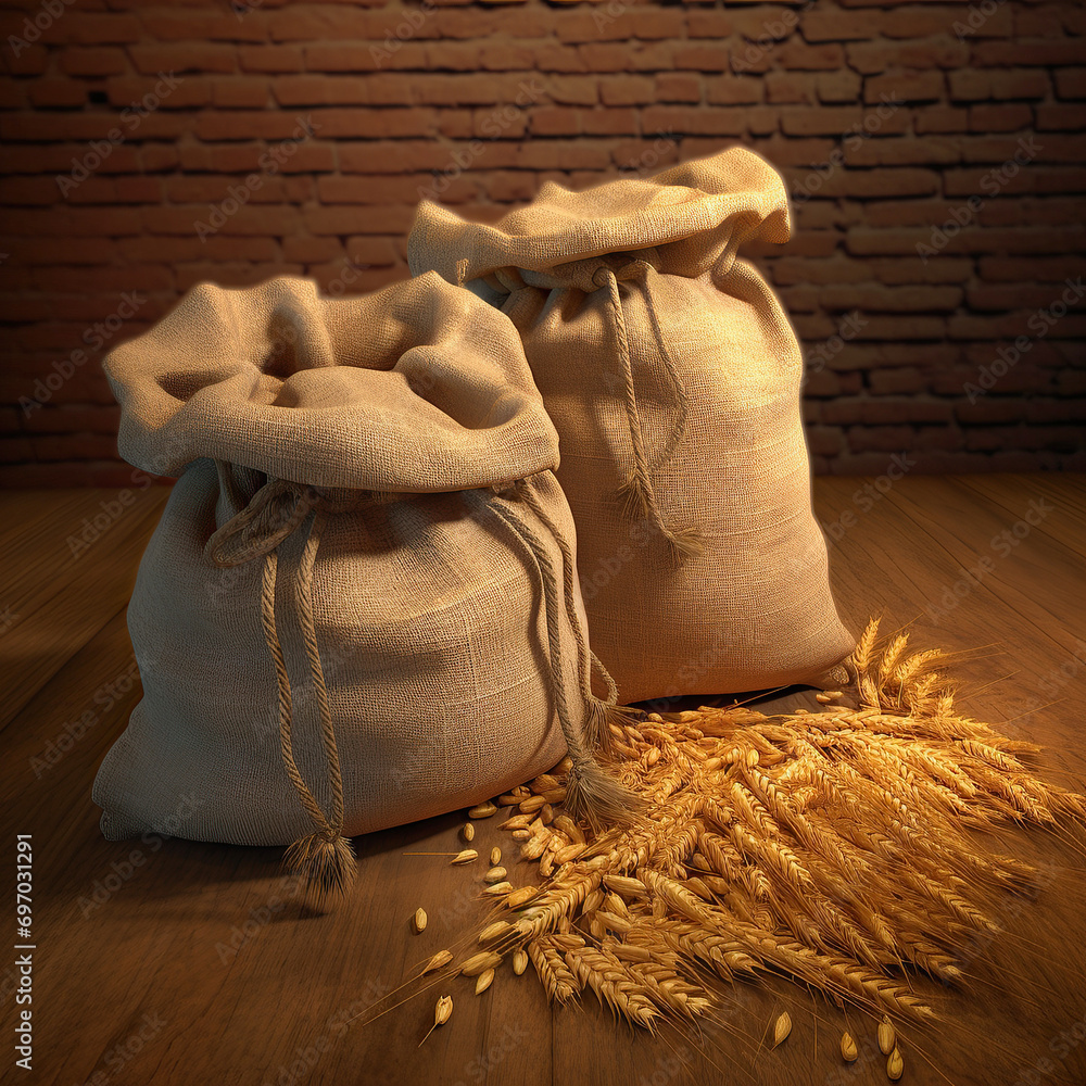 View of two full bags of grain and ears of wheat in a warehouse ...