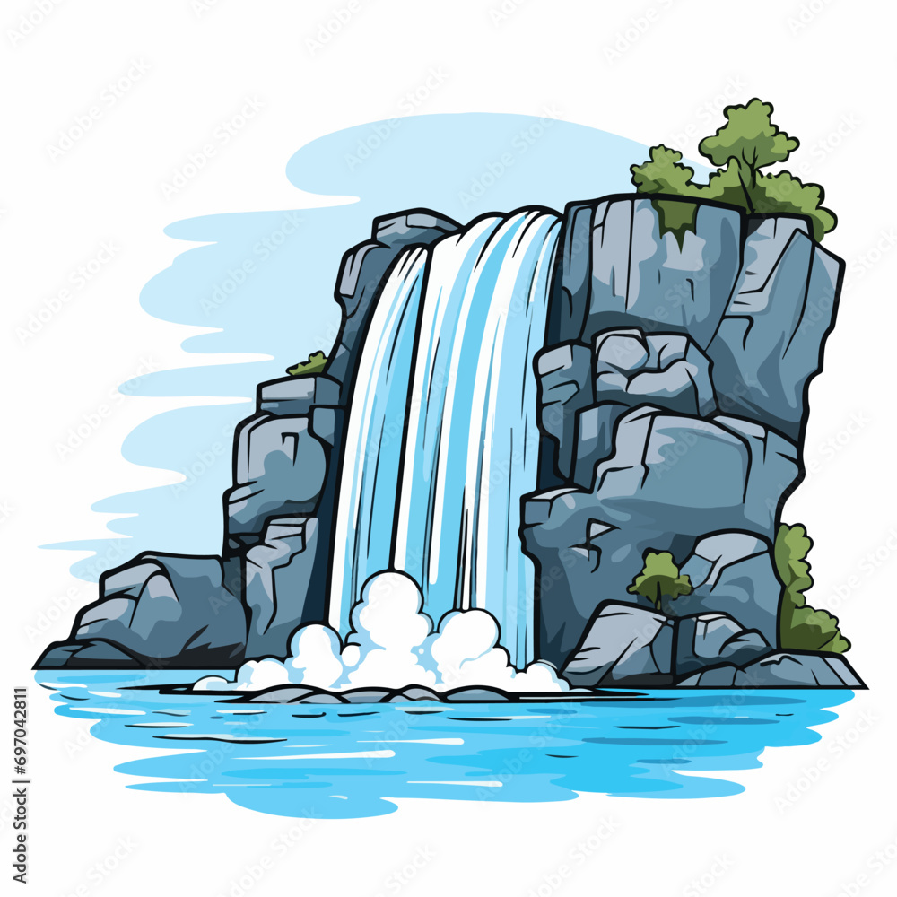 Waterfall flat vector illustration. Waterfall cartoon hand drawing ...